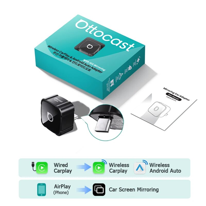 OTTOCAST MINI AIR Cube 4.0 Беспроводной адаптер CarPlay Android Auto 3-в-1 для дублирования экрана, автомобильные аксессуары для YouTube и TikTok