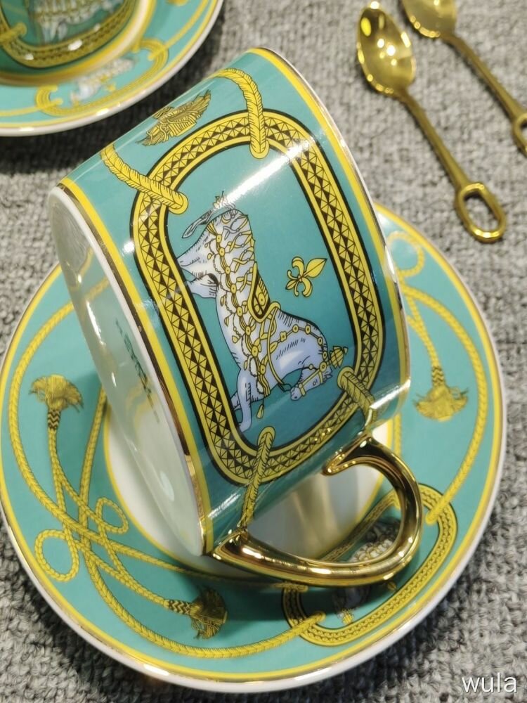 Чашки с блюдцами и ложками, стиль Hermes, 200 мл, 6 шт, бирюзовые с золотым узором, для дома и подарка, сервиз — фото 1