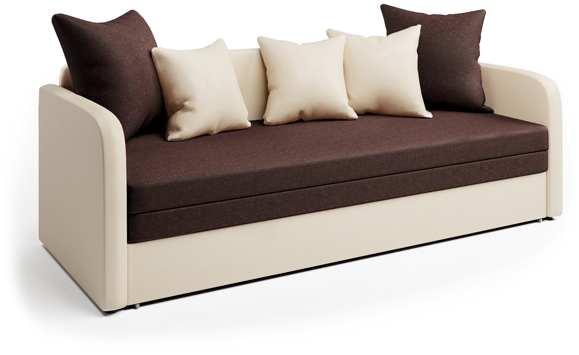 Диван софа Трио, раскладной, с подлокотниками, ящик для белья, экокожа беж и шоколадная рогожка