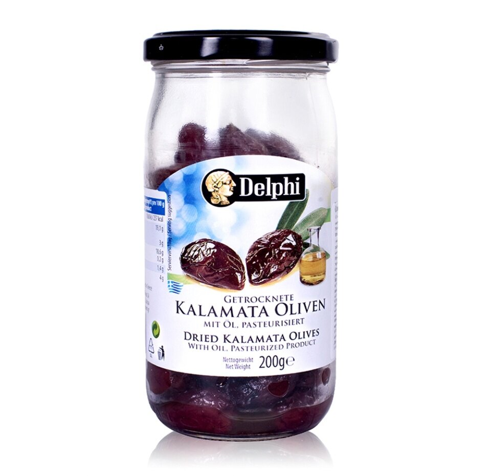 Оливки Delphi "Kalamata", с косточкой, в масле, Греция, 200г