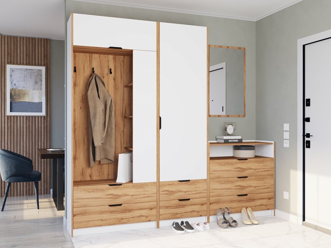 Прихожая МебельЛэнд24 Санти - 4 Белый 240x40x220 со шкафом с комодом с 1 зеркалом