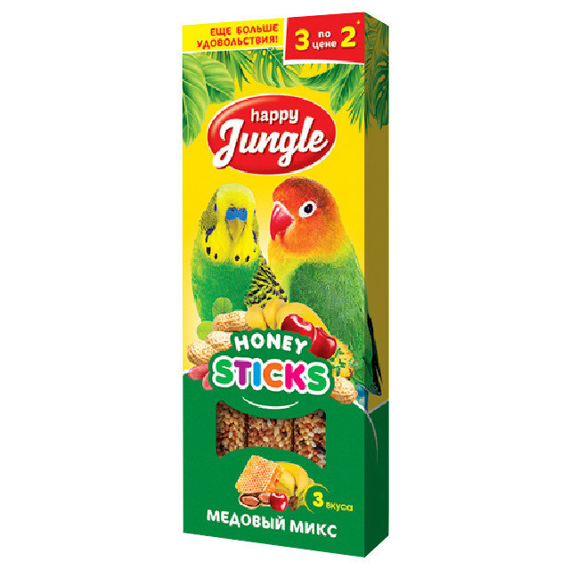 HAPPY JUNGLE Лакомство для птиц палочки микс из трёх вкусов, набор 3 шт натуральный состав