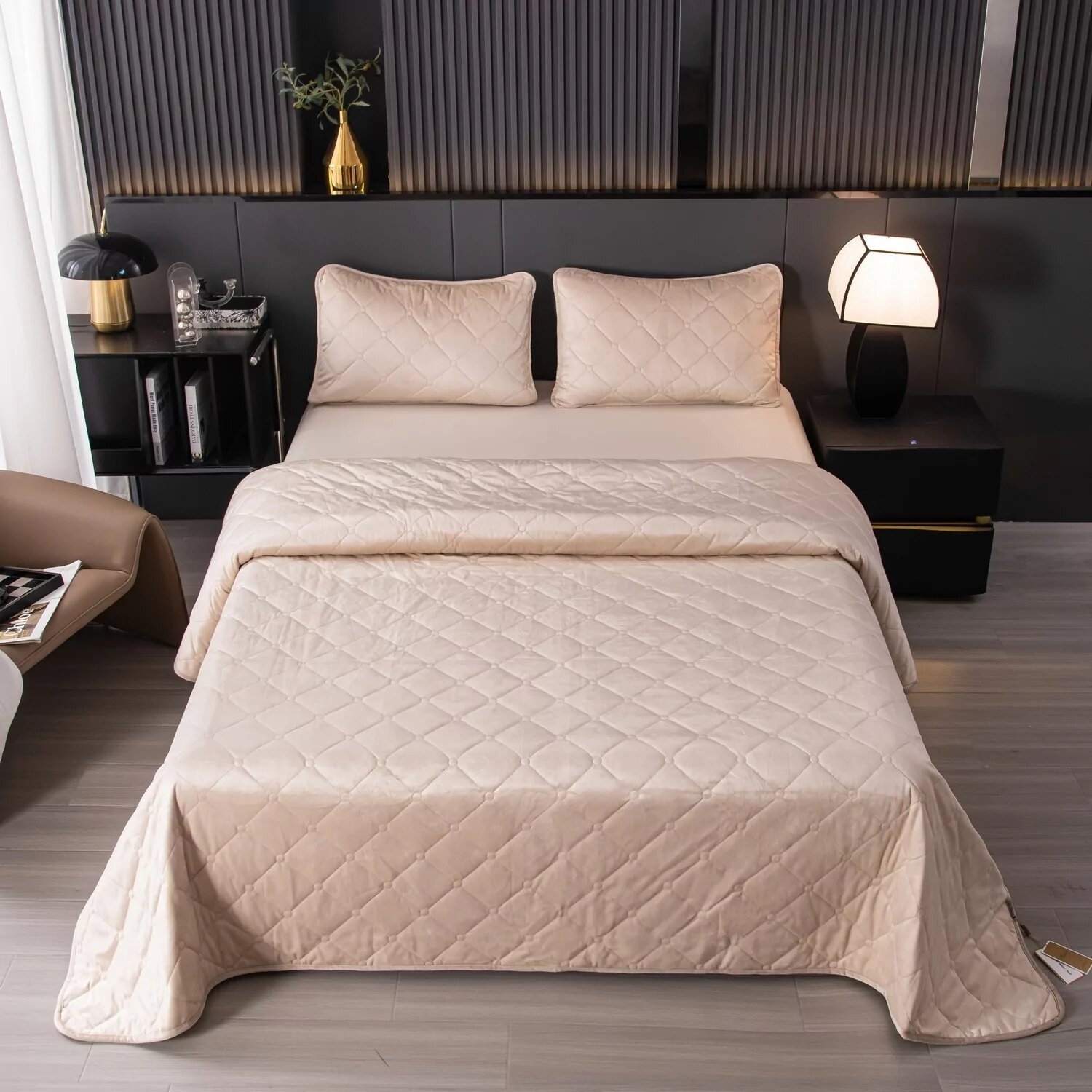 Покрывало Ситрейд OVF037, велюр, стеганое, ромб, бежевое, 1.5 спальный размер