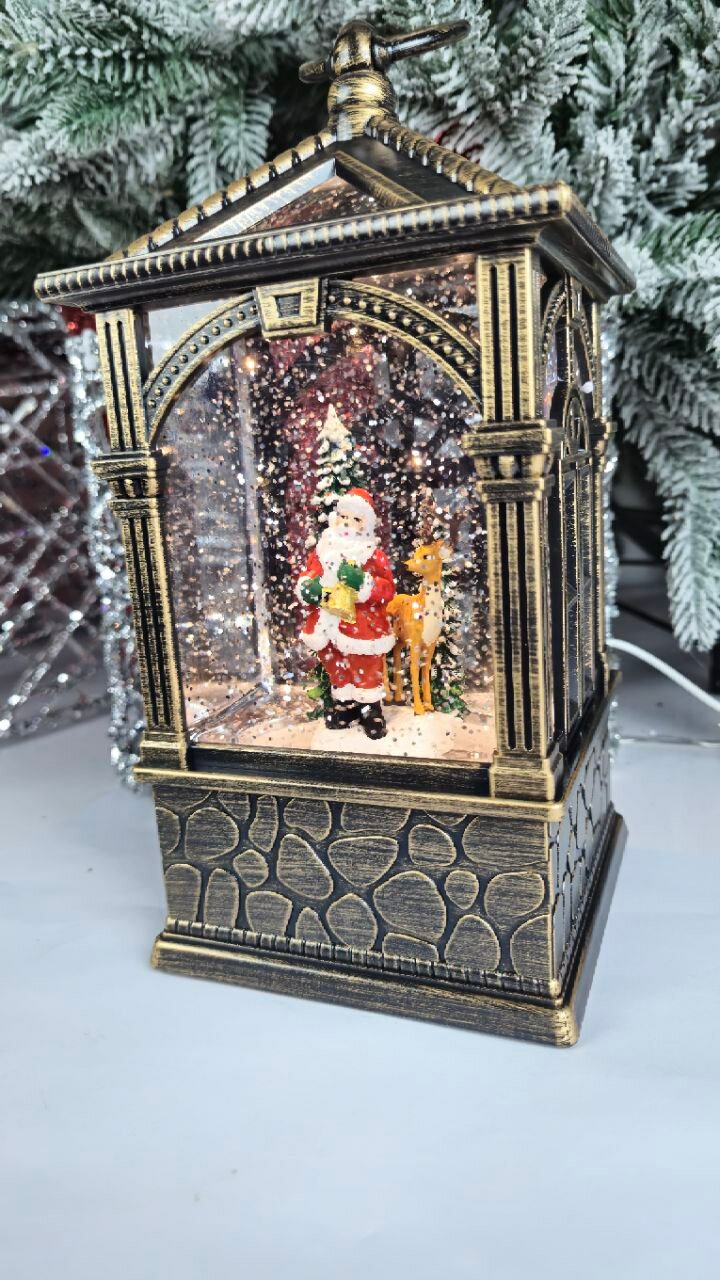 Новогодний фонарь-"Дед Мороз с оленем", музыкальный LED, 2 режима, USB, 3*АА, размер: 27*12*12 см, цвет бронза
