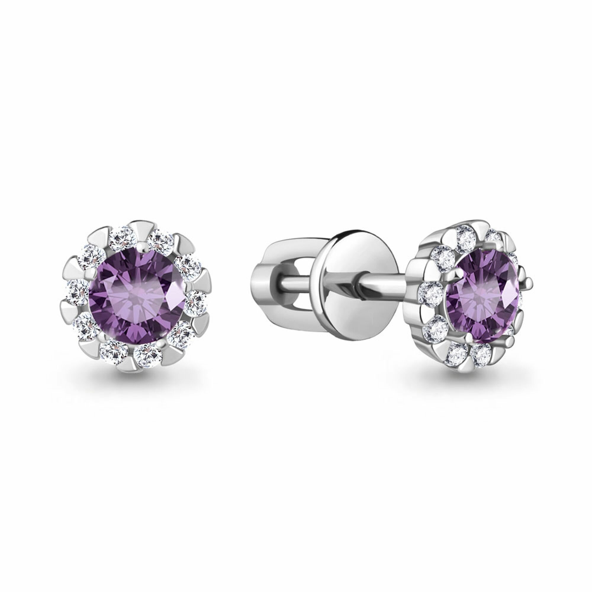 Серьги пусеты, серебро, 925 проба, родирование, фианит, аметист