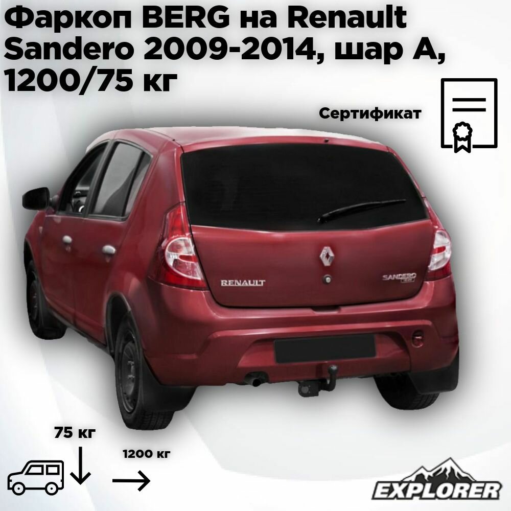 Фаркоп BERG на Renault Sandero, 2009-2014, шар А, Хетчбек 1200/75 кг
