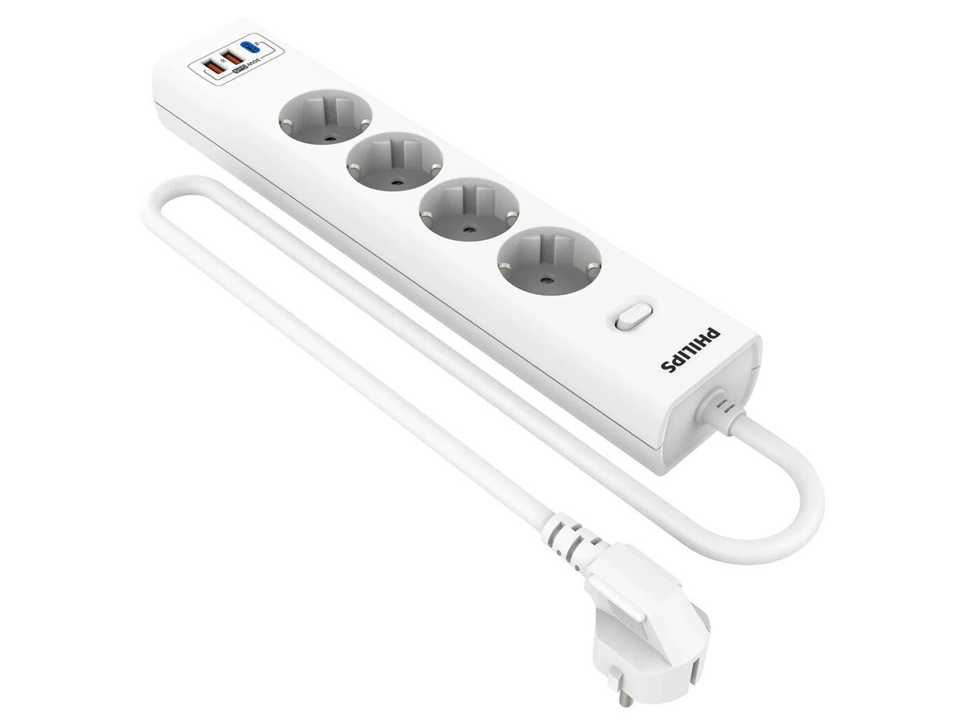 Сетевой фильтр Philips, 4 розетки, 2м, 2500Вт, 2xUSB, 1xUSB Type-C (30Вт), Белый, CHP8246WA/51