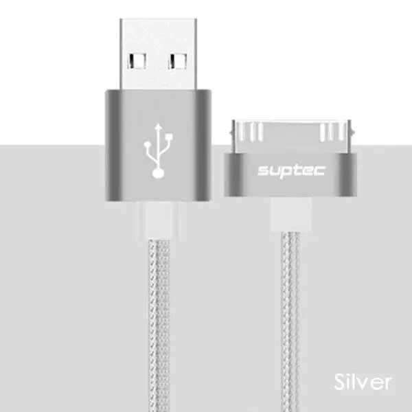 Suptec USB кабель для iPhone 4 4S iPad 2 3 iPod 30 Булавки металлический штекер Зарядное устройство кабель для iPhone 4 нейлон Провода зарядный кабель данных шнур 100cm, Silver