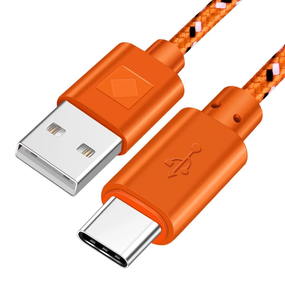 Оранжевый USB-C кабель 1м, нейлоновая оплетка