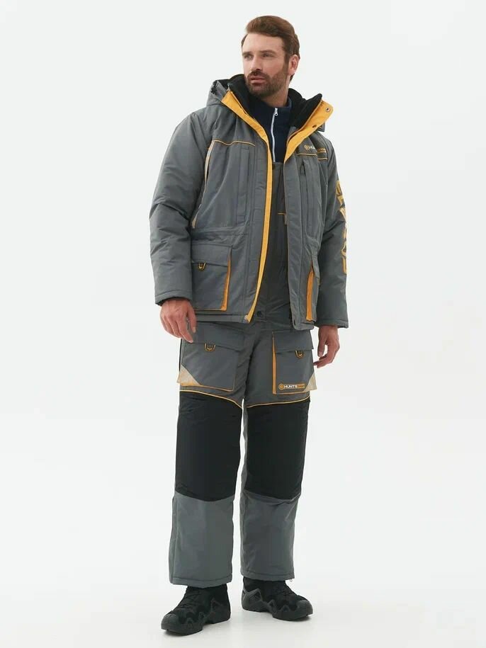 Костюм тактический мужской зимний на флисе Huntsman Elbrus Серый/Банан рыболовный, для охоты, зимней рыбалки непромокаемый, ветровлагозащитный, ткань Hit Membrane (р.48-50/182-188)