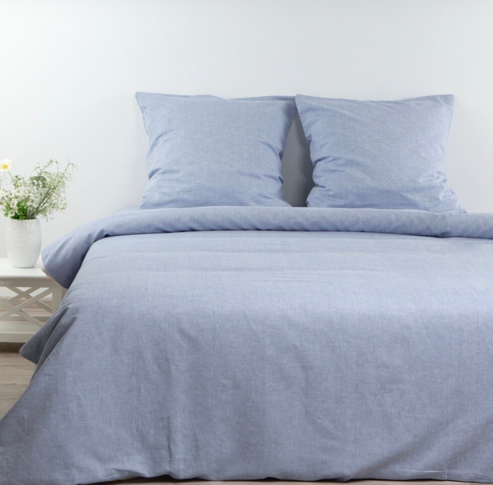 Льняное 1,5 спальное постельное белье Голубой меланж, наволочки 70х70 см.