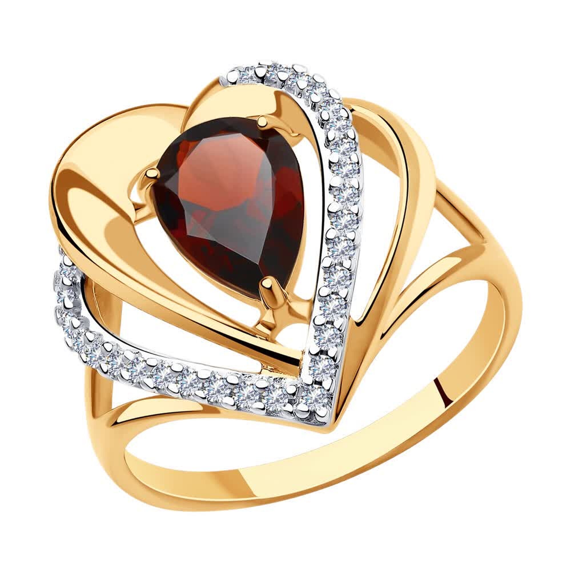 Кольцо, серебро, 925 проба, золочение, гранат, фианит