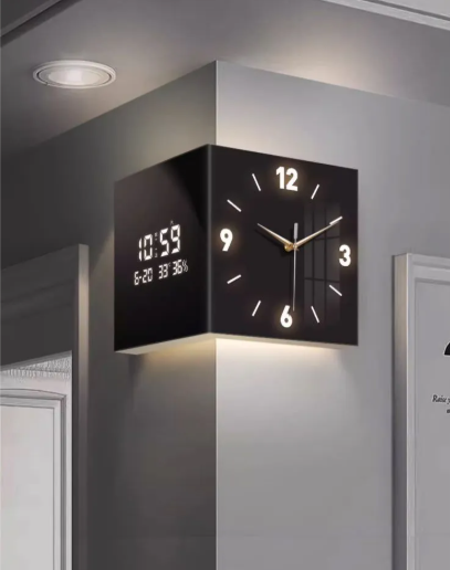 Corner double-sided clock, time/month/week/temperature. Plug in remote control model, 26 * 26 * 26cm — фото 1