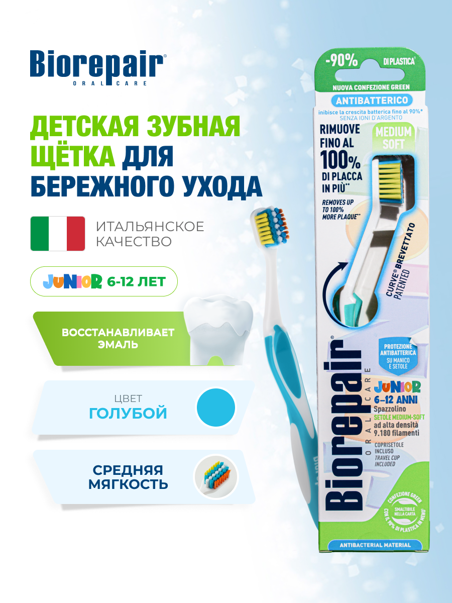 Зубная щетка Biorepair CURVE Junior детская с 6 лет, голубая