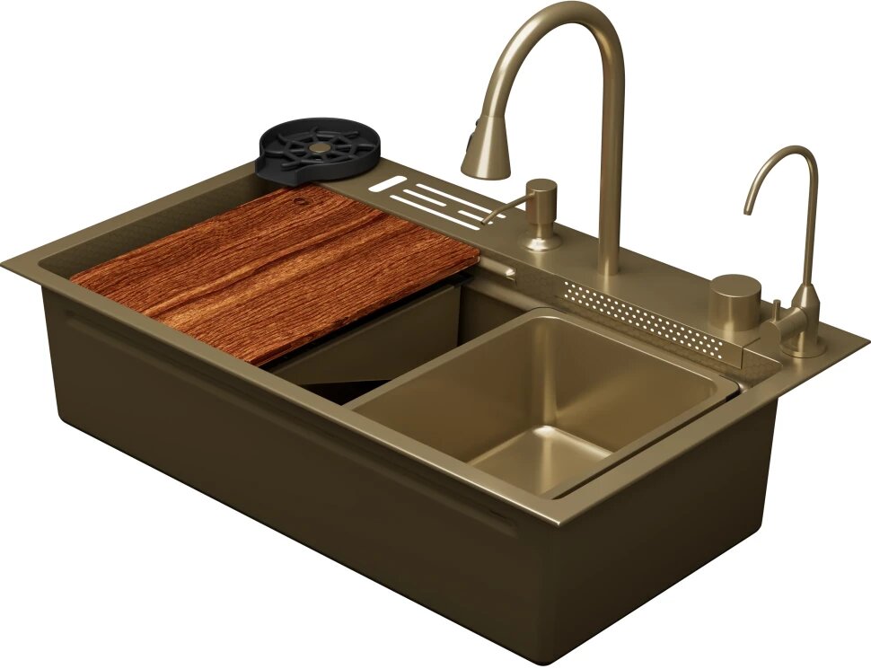 Кухонная мойка D&K DKS754607 75x46 см, многофункциональная, золотой матовый
