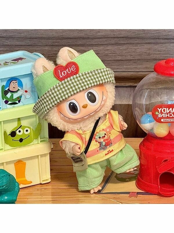 Детские игрушки, одежда для кукол, универсальный тип, Labubu, 17 см(Рыбацкая шапка + рюкзак + футболка + ремень)