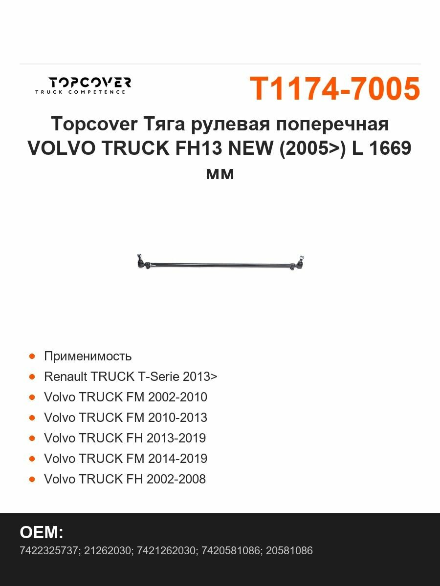 Topcover Тяга рулевая поперечная VOLVO TRUCK FH13 NEW (2005>) L 1669 мм