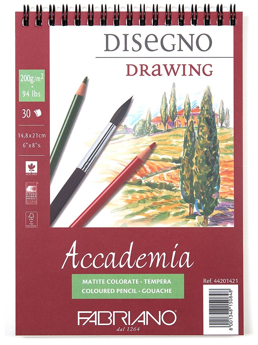 Альбом для зарисовок Fabriano Accademia 200г/м. кв 14,8x21см мелкозернистая 30 листов спираль по короткой стороне
