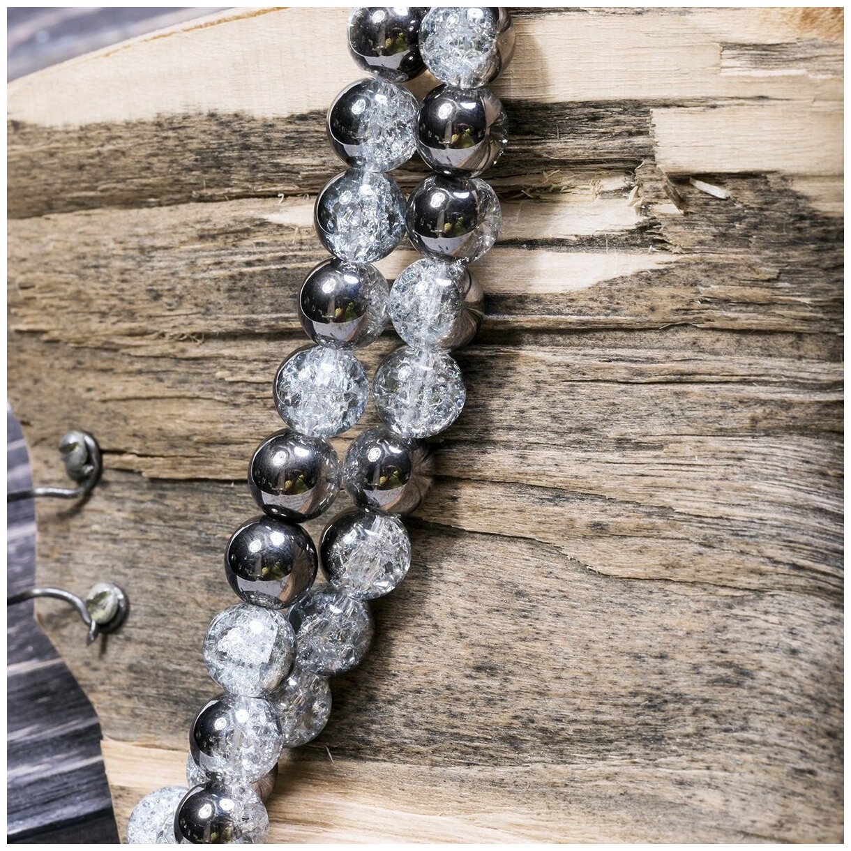 Бусины стеклянные круглые 10 шт, эффект кракле, цвет прозрачный/гематитовый, 10 мм