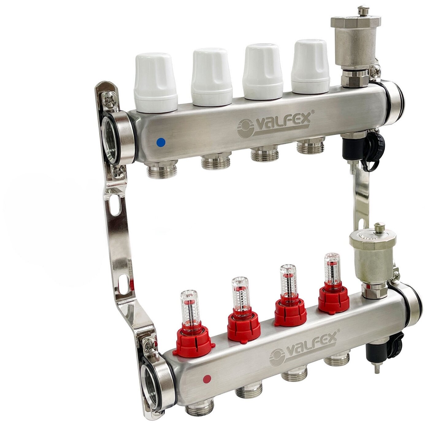 Коллектор для теплых полов на 4 выхода из нержавеющей стали с регулирующими клапанами и расходомерами, 1" VALFEX