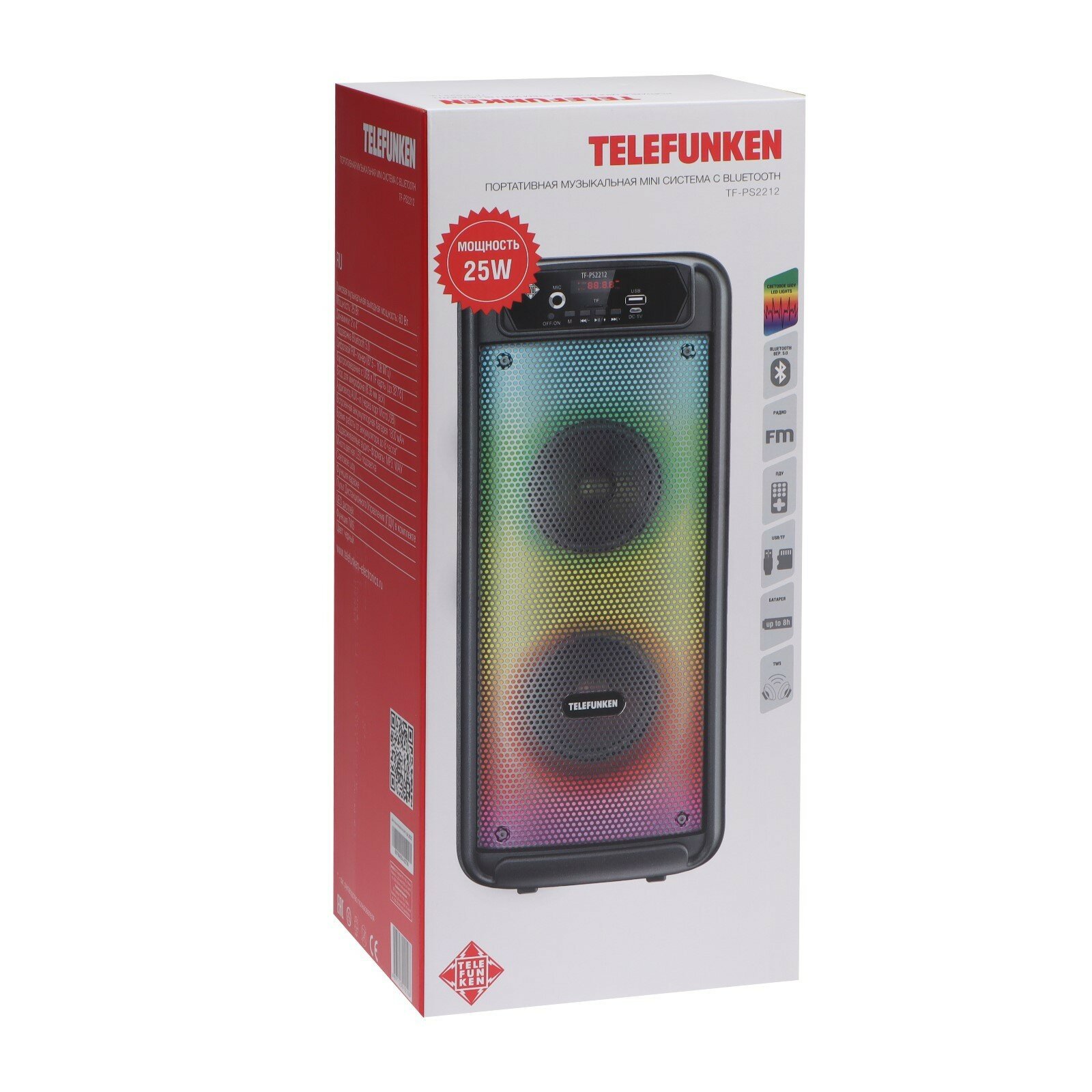 TELEFUNKEN Портативная колонка Telefunken TF-PS2212, 25 Вт, 1800мАч, FM, BT, microSD, USB, подсветка