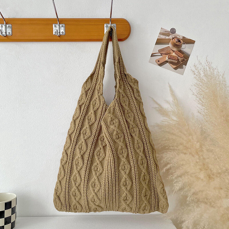 Новая вязаная вручную шерстяная сумка-тоут на плечо, винтажная универсальная простая вместительная сумка для повседневного использования и покупок.