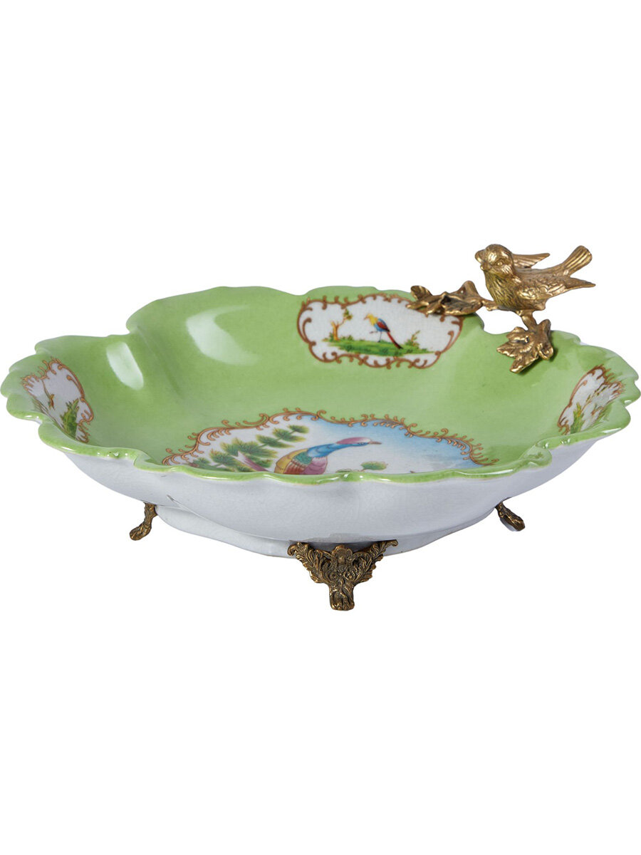 Блюдо сервировочное Glasar с птичкой 25х21х10 см, фарфор и бронза