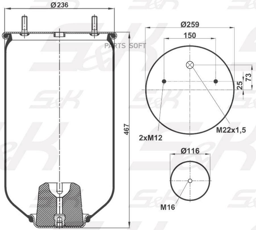 SK2619P01PL S&K "Premium Line" Пневморессора без поршня [Верх: 1*М22, 2*M12 | Низ: 1*М16] [Гарантия 3 года]