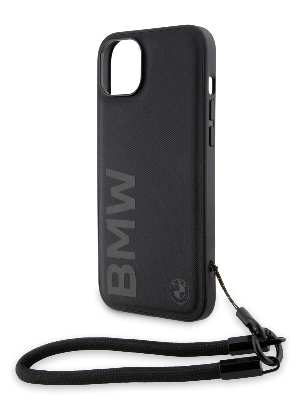 BMW для iPhone 15 Plus чехол Signature Leather Wordmark + Hand Cord Hard Black