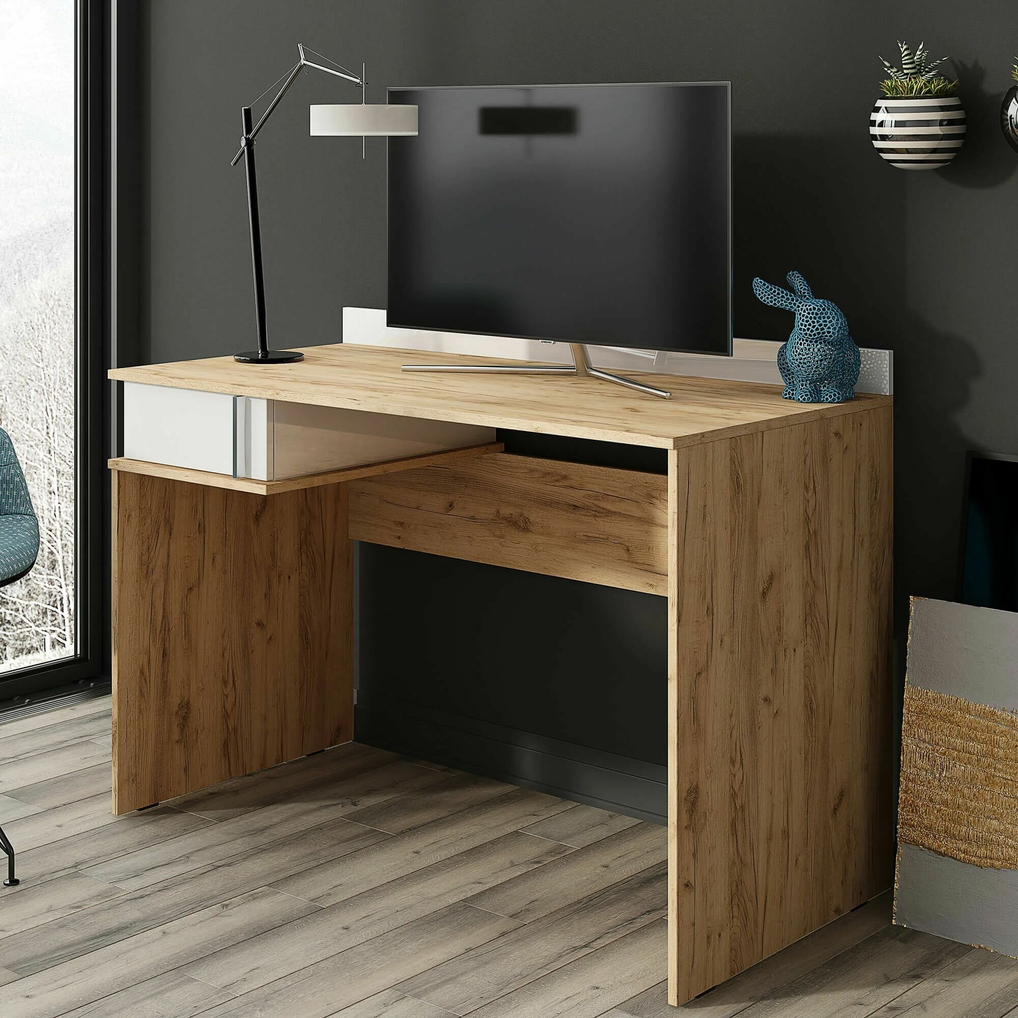 Стол письменный и компьютерный Джамп Дуб вотан/Белый гладкий ЛДСП для дома, офиса, ребенка, учебы 1165х860х600 ЭРА