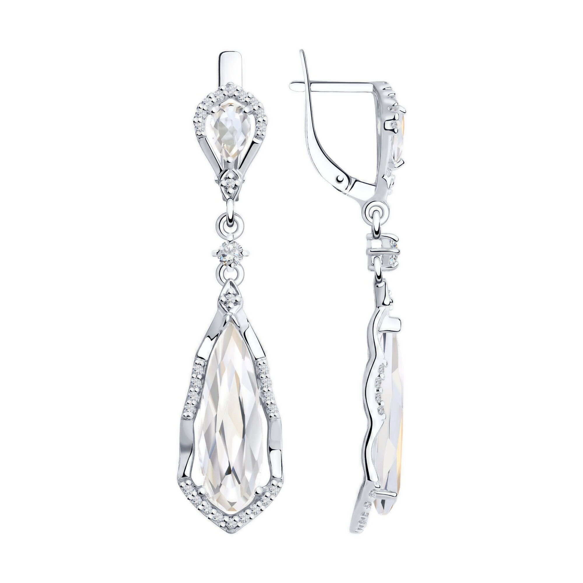 Серьги, серебро, 925 проба, родирование, фианит, горный хрусталь