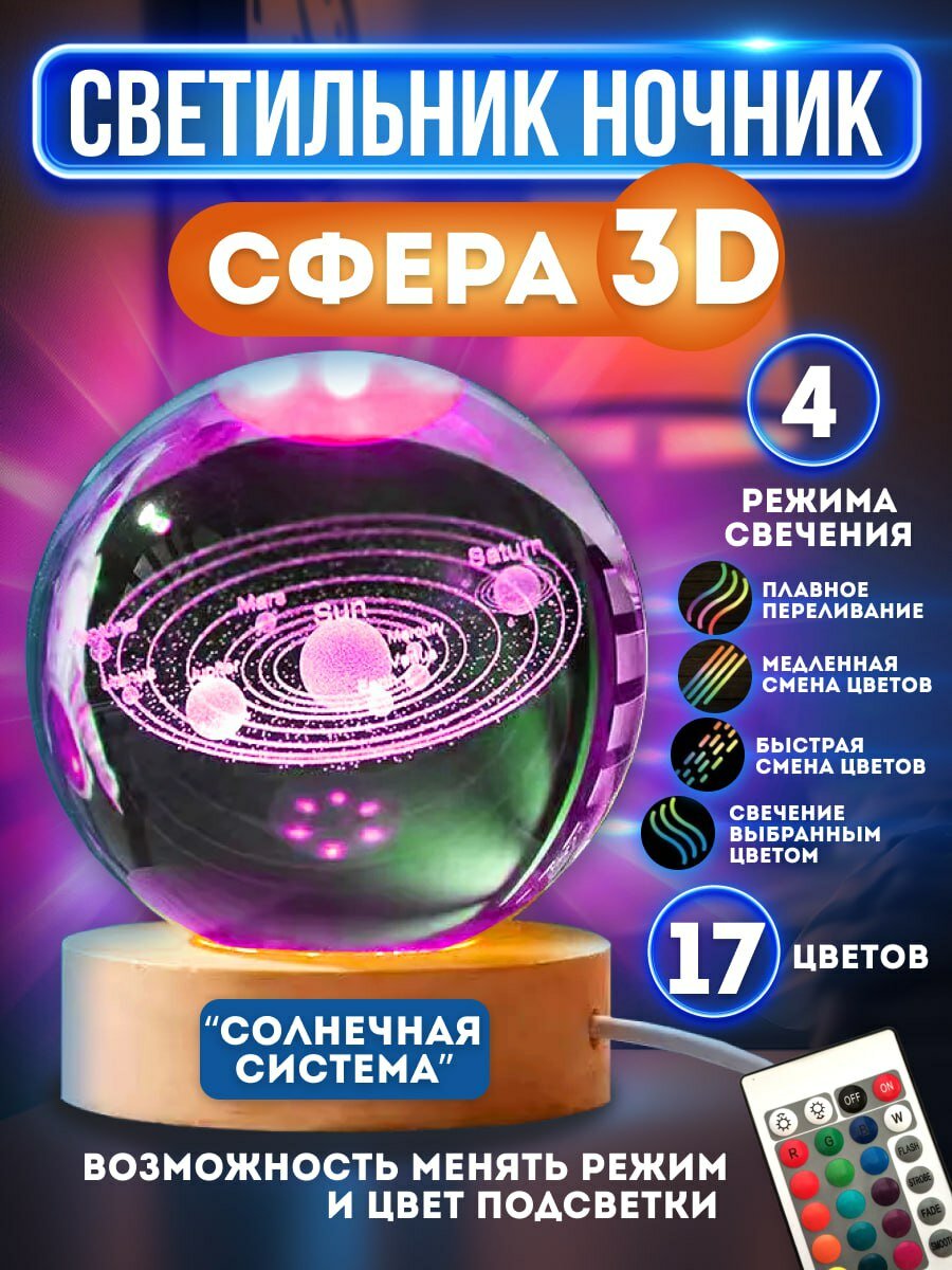 Ночник светильник стеклянный шар лампа 3D - Солнечная Система