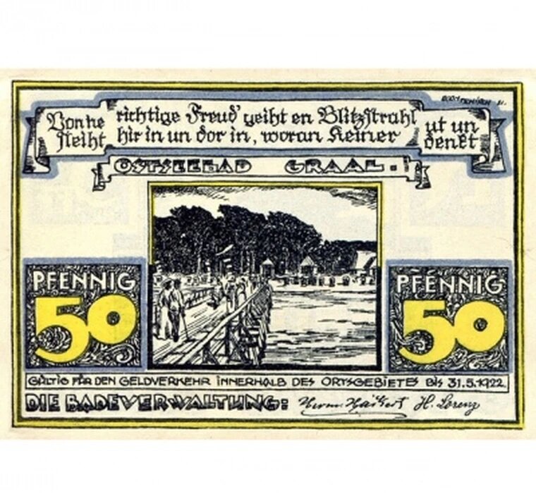 Нотгельд 50 пфеннигов 1922 Германия, Курорт Грааль, сувенирная копия, банкноты и купюры редкие коллекционные