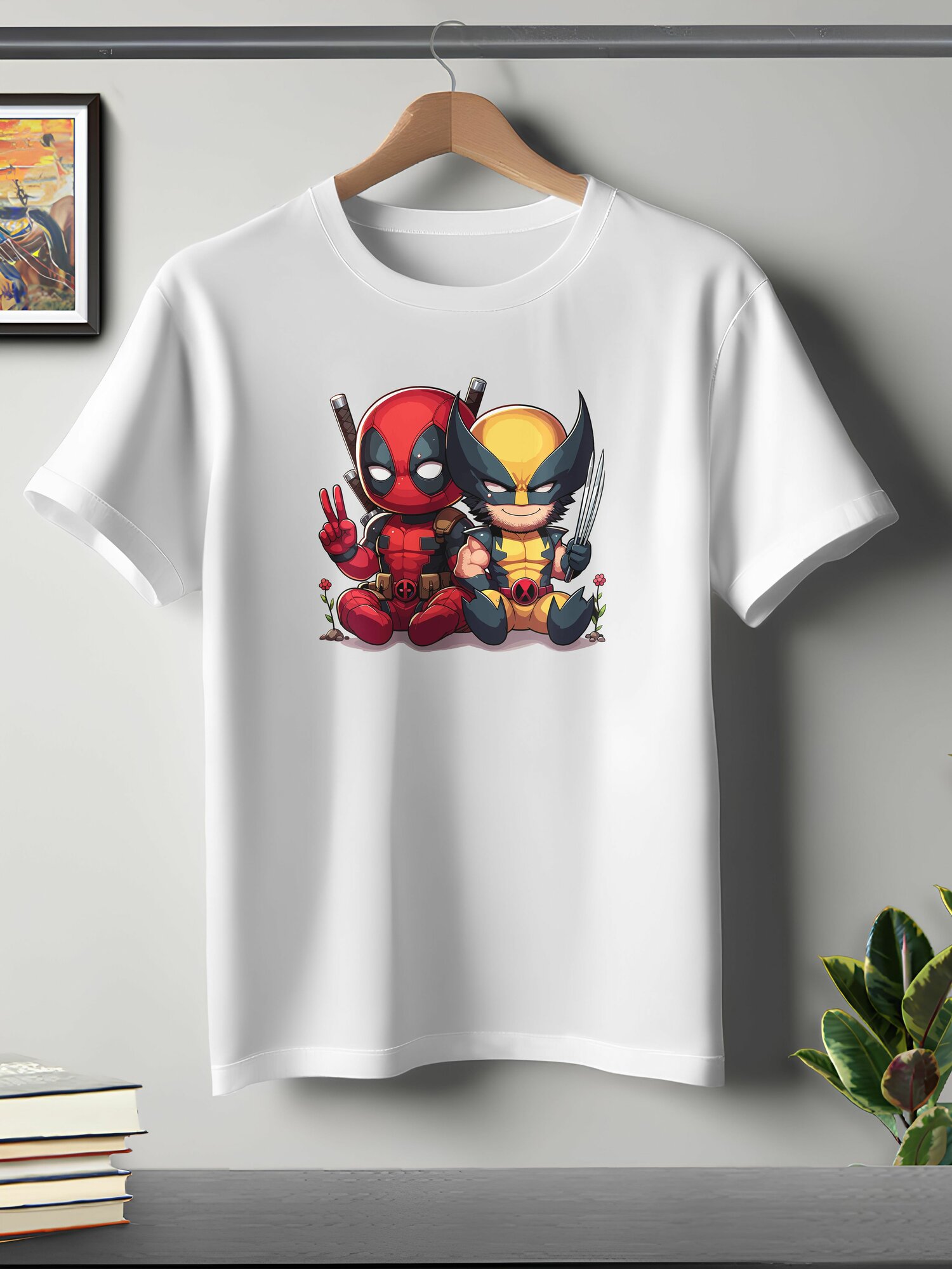 Футболка ONEQ унисекс 50-52 (XL) размер с принтом Дэдпул и Россомаха, белая