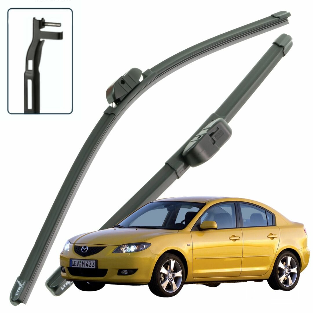 Дворники Mazda 3 (1) BK / Мазда 3 БК седан 2003 / 2004 / 2005 / 2006 Щетки стеклоочистителя бескаркасные автомобильные LYNXauto 530мм-480мм к-т 2шт.