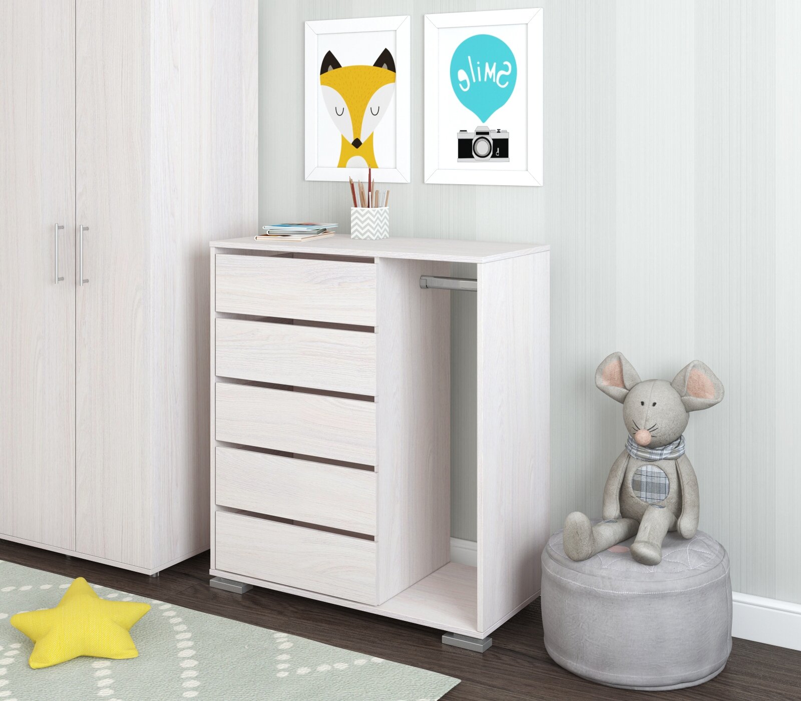 Шкаф, комод, шкаф-комод с ящиками, со штангой Есэндвич Лаворо, 90x43х102 см, левый (Анкор белый)