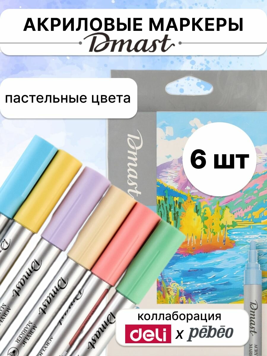 Набор акриловых маркеров Dmast Pastel 6 цветов наконечник 2мм в картонной упаковке