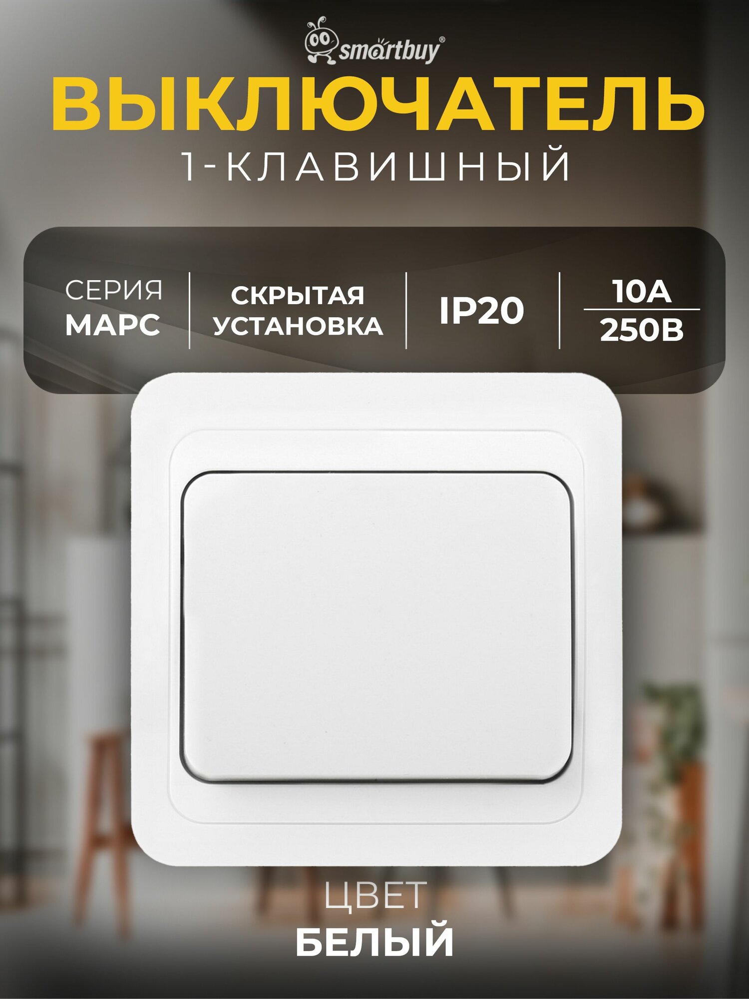 Выключатель Smartbuy 1-клавишный 10А, керамика "Марс" (SBE-02w-10-SW1-0-c), белый