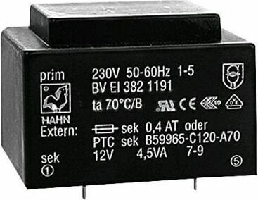 Трансформатор HAHN BVEI3821191 залитый 4,5ВА 230ВAC 12В 375мА Монтаж PСВ 150г 1 шт