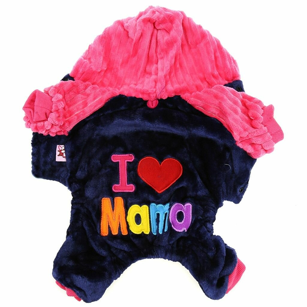 Комбинезон для собаки Pet Toys "I Love Mama/Papa", капюшон, XL, длина 34 см, обхват груди 48 см, шеи 34 см, синий с розовым
