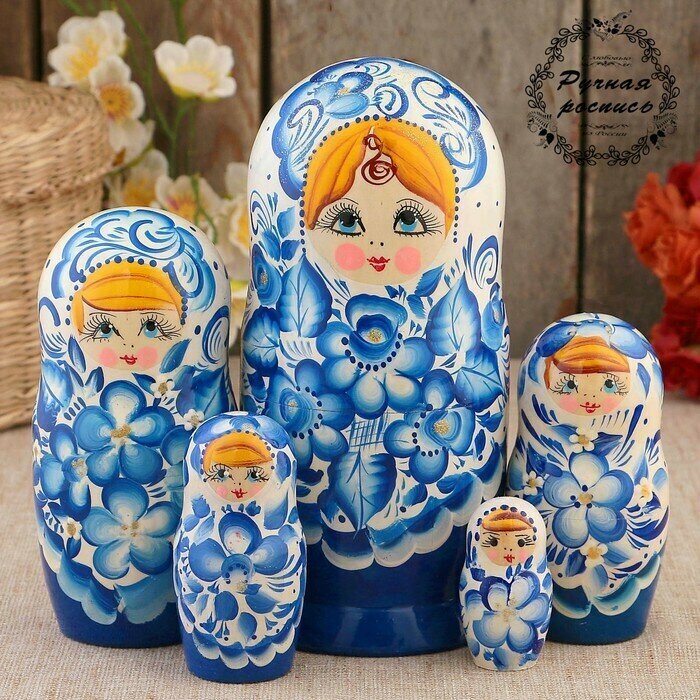 Матрешка "Гжель", синее платье, 5 кукол, 18 см (3440230)