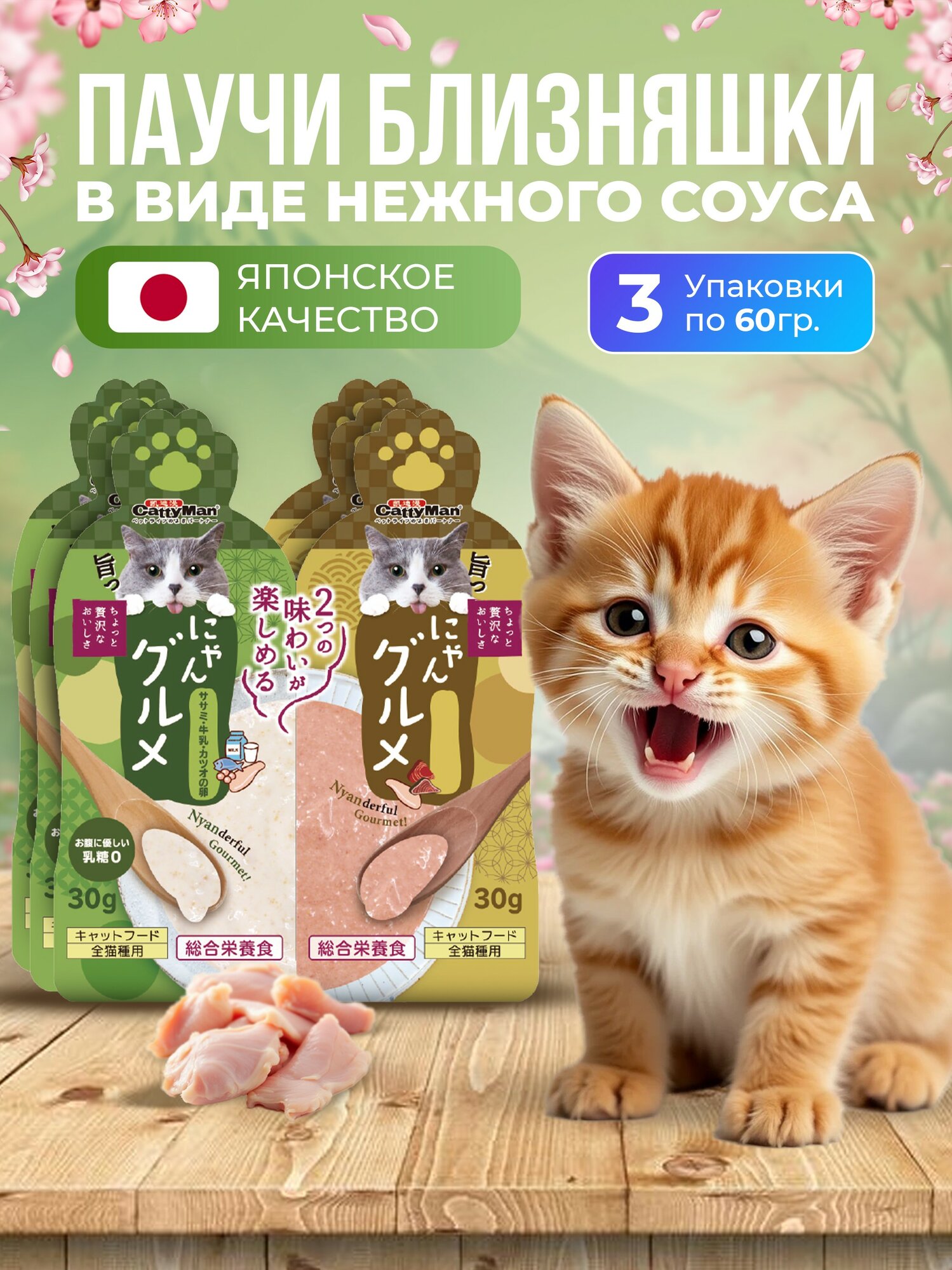 Корм для кошек влажный Japan premium Pet №1 Тунцовое пюре в нежном соусе с японским цыплёнком / №2 Мясное пюре в сливочном соусе с икрой японского тунца для кошек-гурманов, 3 уп х 60 г