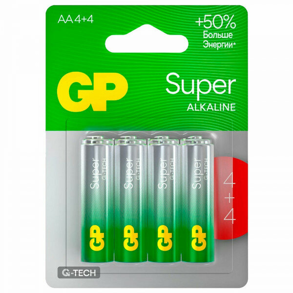 - Батарейки GP Super, комплект 8 шт, AA (LR6, 15А), промо 4+4, алкалиновые, пальчиковые