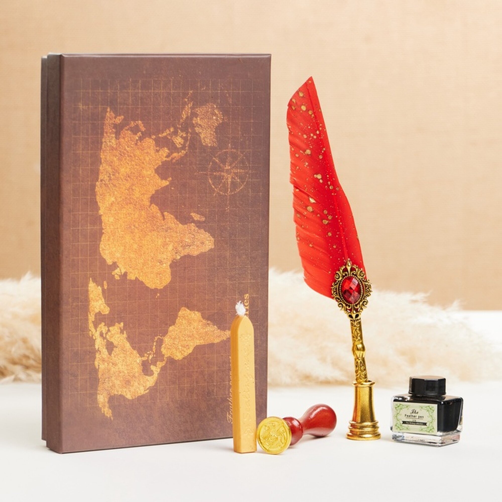 Набор подарочный 5в1 "Реликвия": перьевая ручка розовая, чернила, печать, воск