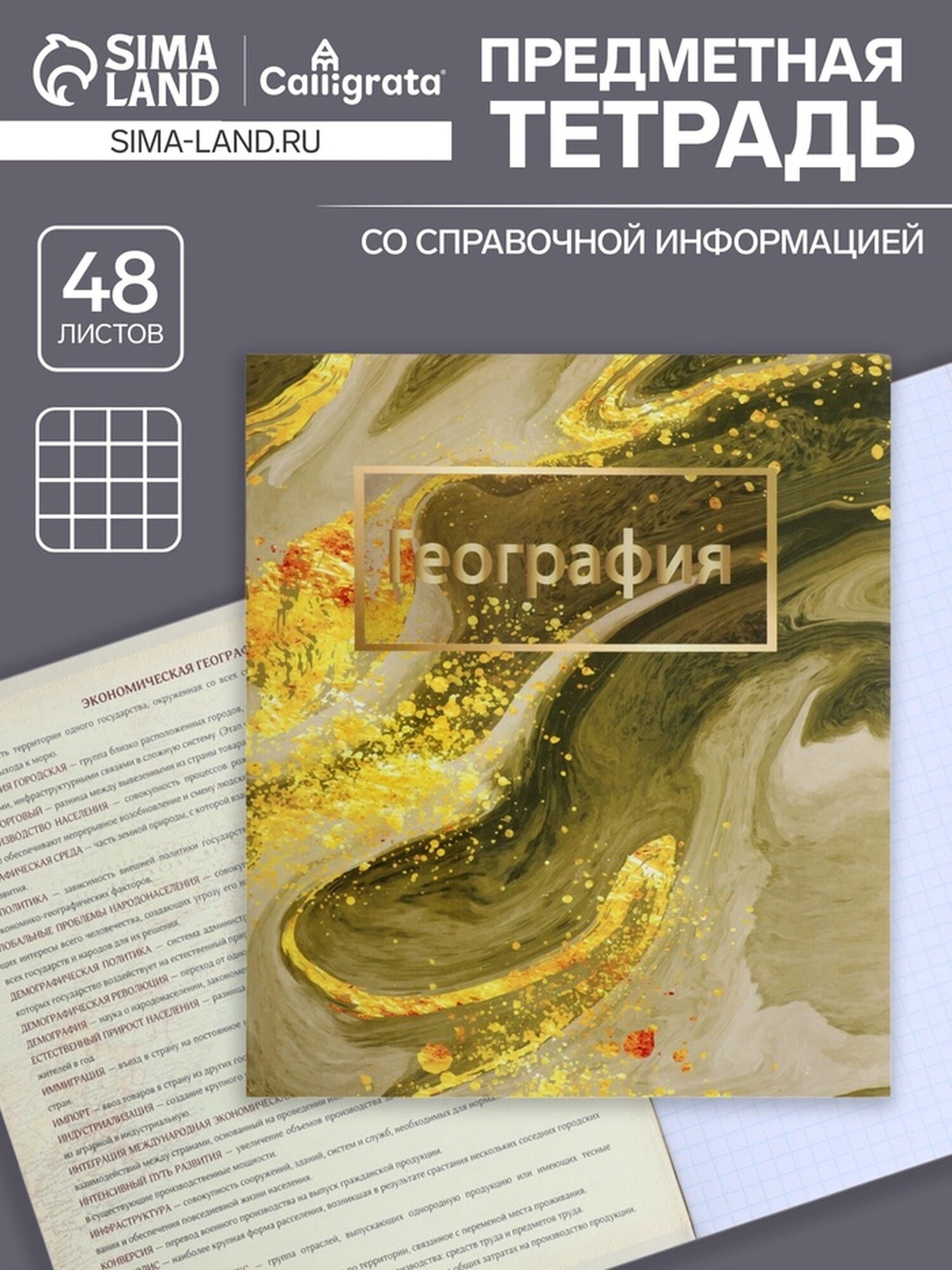 Тетрадь предметная 48 листов в клетку Calligrata, «Мрамор светлый. География», обложка мелованный картон