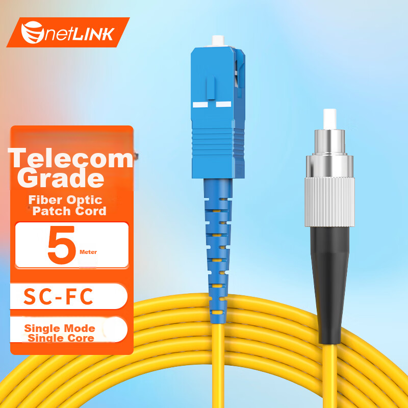 NetLINK Telecom-Grade Fiber Optic Patch Cable, SC-FC Single-Mode Single-Core 5 Meters, 9/125 Optical Cable Fusion Splice Pigtail, 1 Piece, HTF-SC