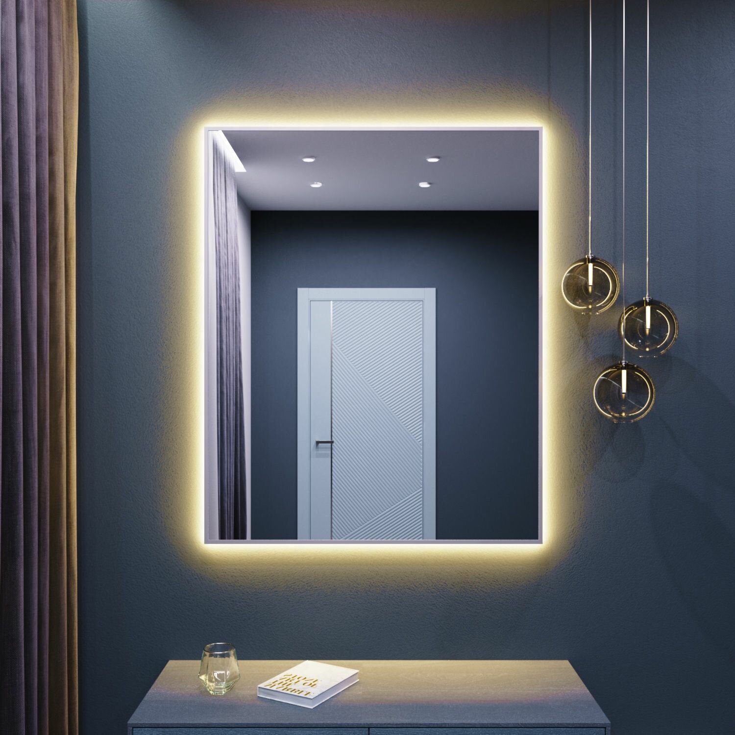 Зеркало настенное 100х90 см. BLX MIRROR с подсветкой в ванную в алюминиевой раме. Свет: Теплый белый 3000К, Серебро