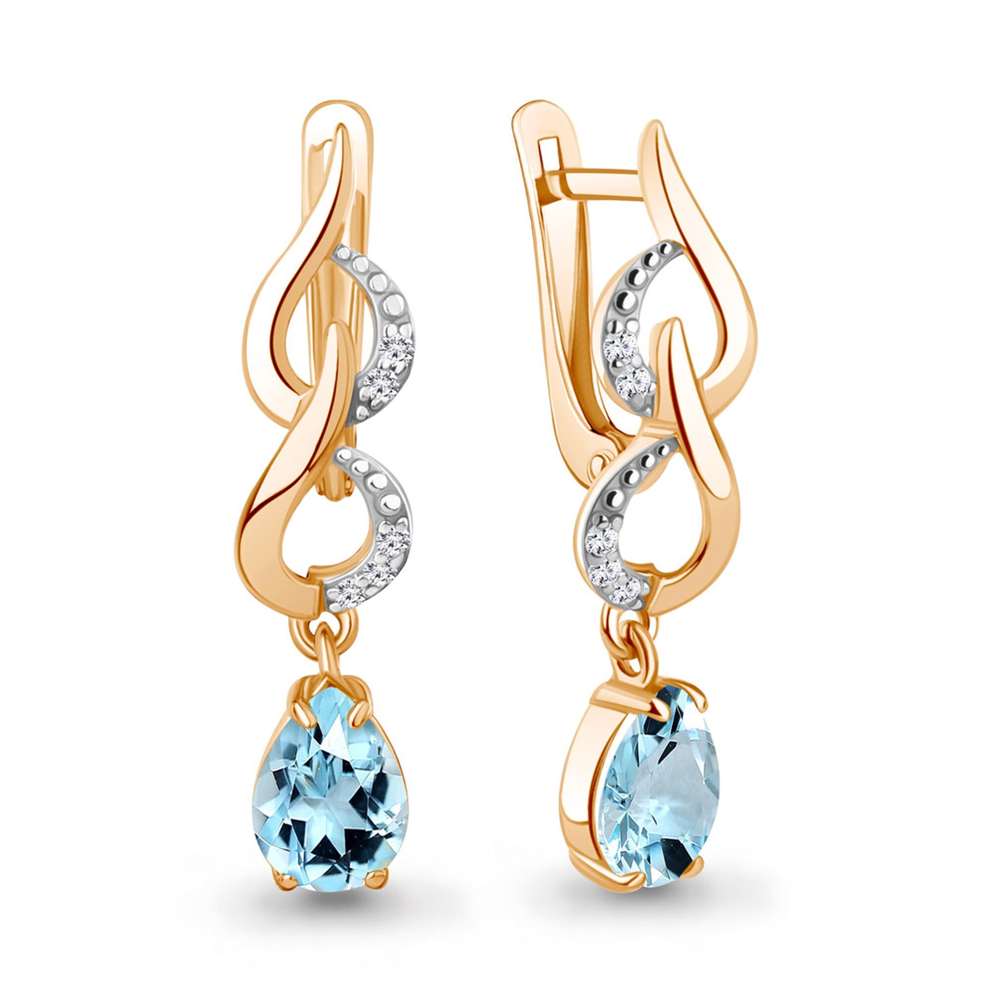 Серьги, серебро, 925 проба, золочение, топаз, фианит