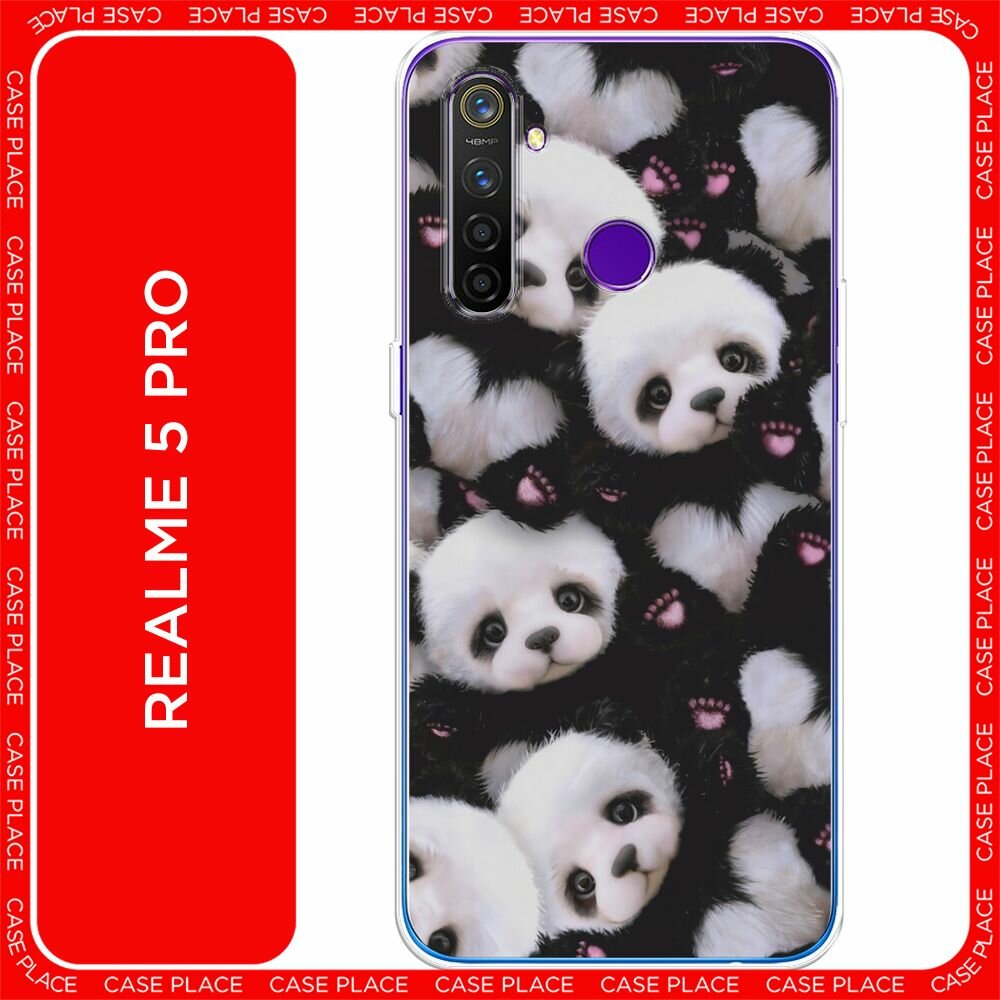 Силиконовый чехол на Realme 5 Pro / Реалми 5 Про с принтом "Море панд"