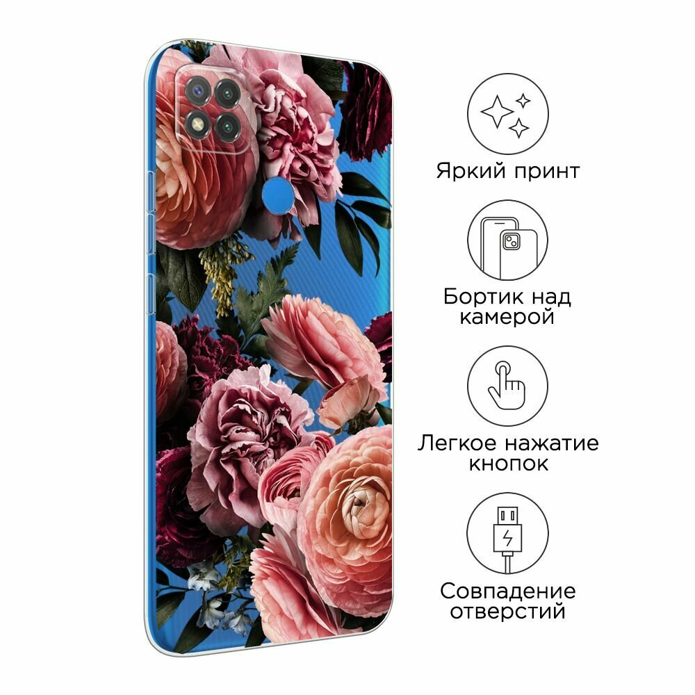 Чехол на Xiaomi Redmi 9C / Сяоми Редми 9C с принтом "Бордовые винтажные цветы", прозрачный — фото 1